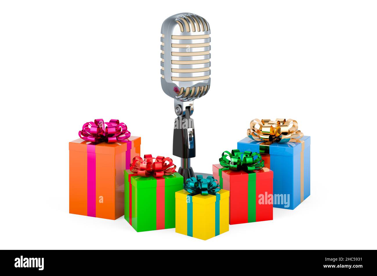 Microphone with gift boxes, 3D rendering isolated on white background ...