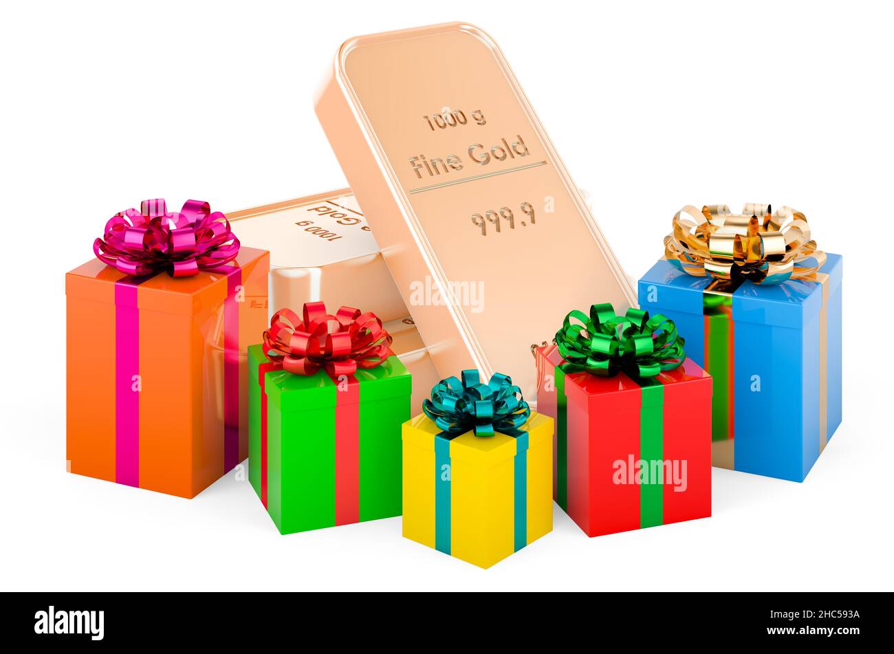 Gold ingots with gift boxes, 3D rendering isolated on white background ...