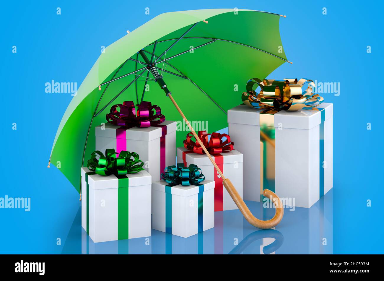 Presents under umbrella, 3D rendering isolated on blue background Stock ...