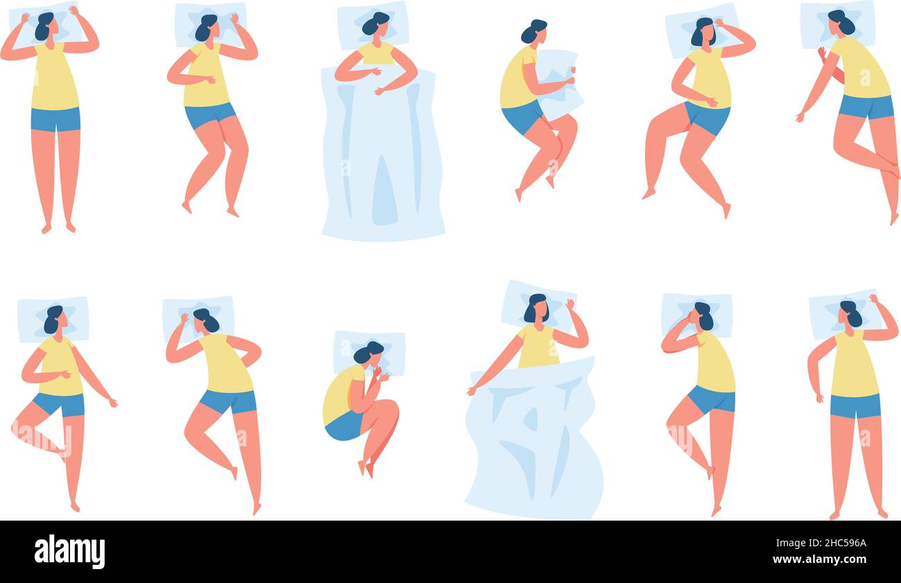 Woman sleeping poses, character lying in bed in various sleep positions ...