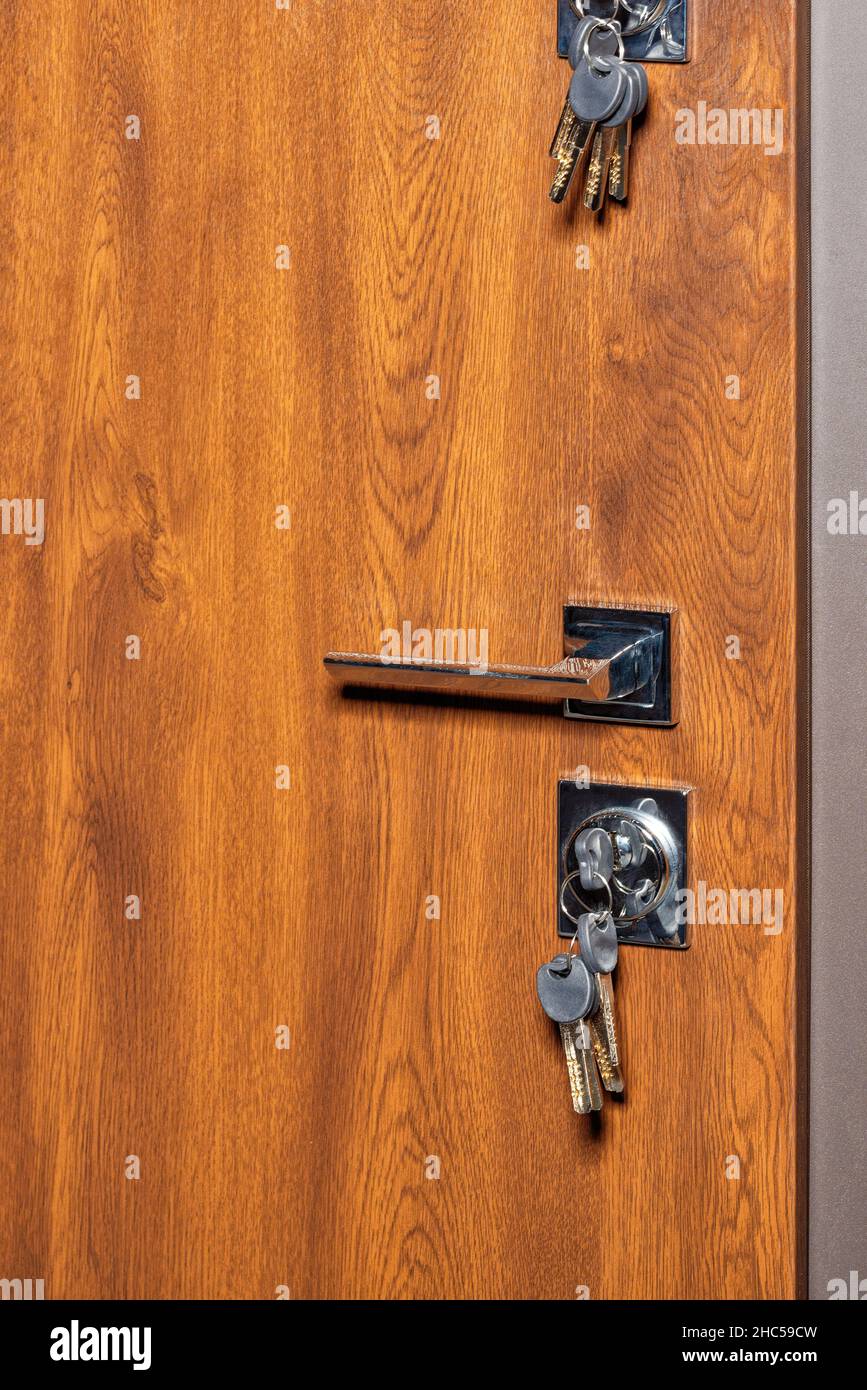A set of keys in the keyholes in the wood-veneered armored front door ...