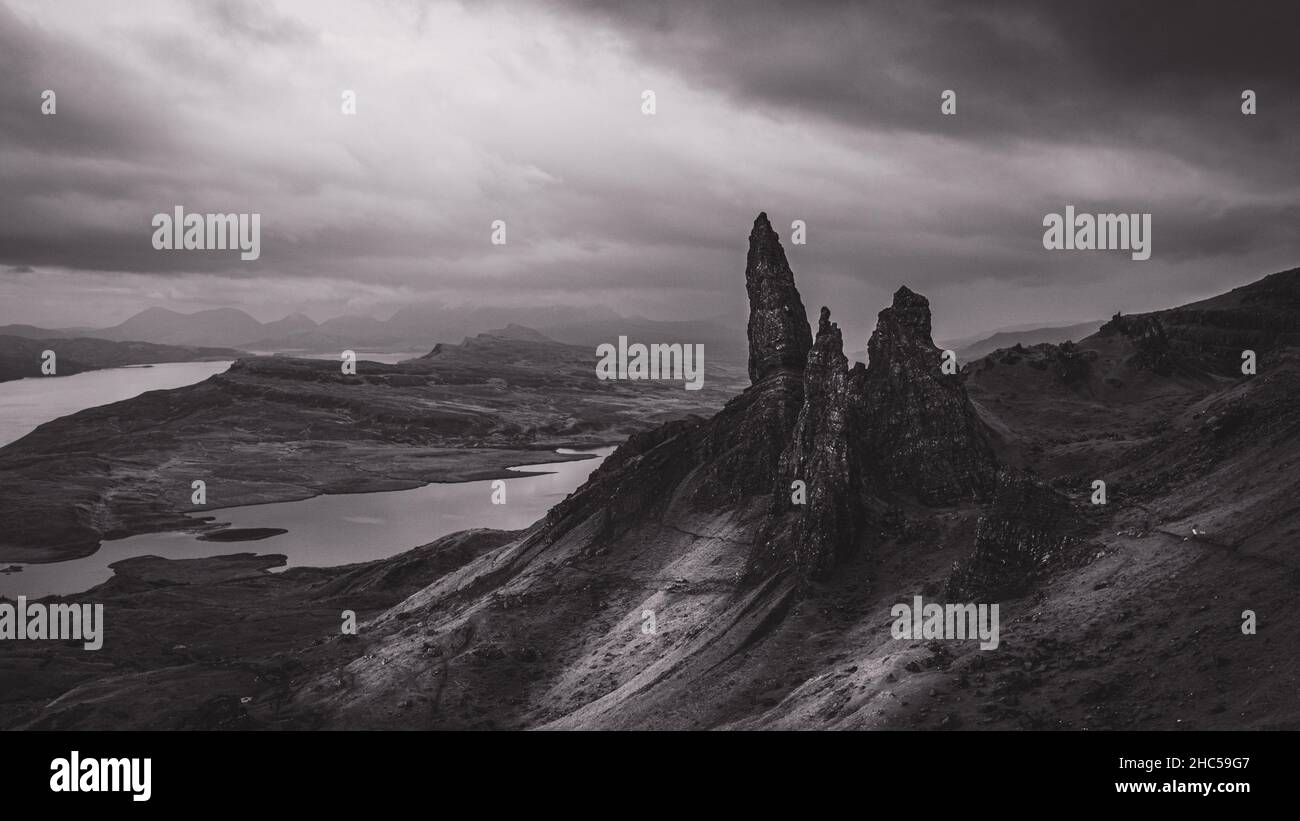 Aerial shot of the Old Man of Storr in Portree in the United Kingdom ...