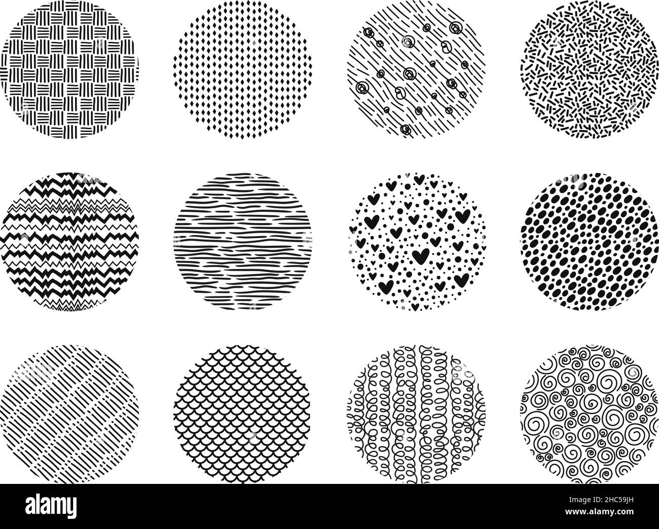 Hand drawn circle scribble textures, abstract round shape doodles ...