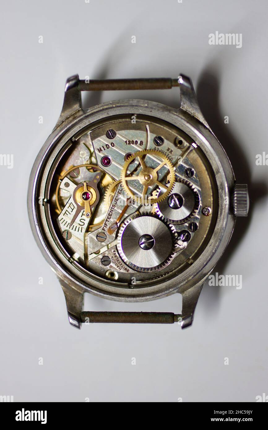 Top view of the mechanism of a watch isolated on a white background ...