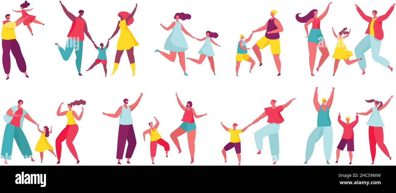 Happy family dancing together, parents dance with kids. Mother and ...