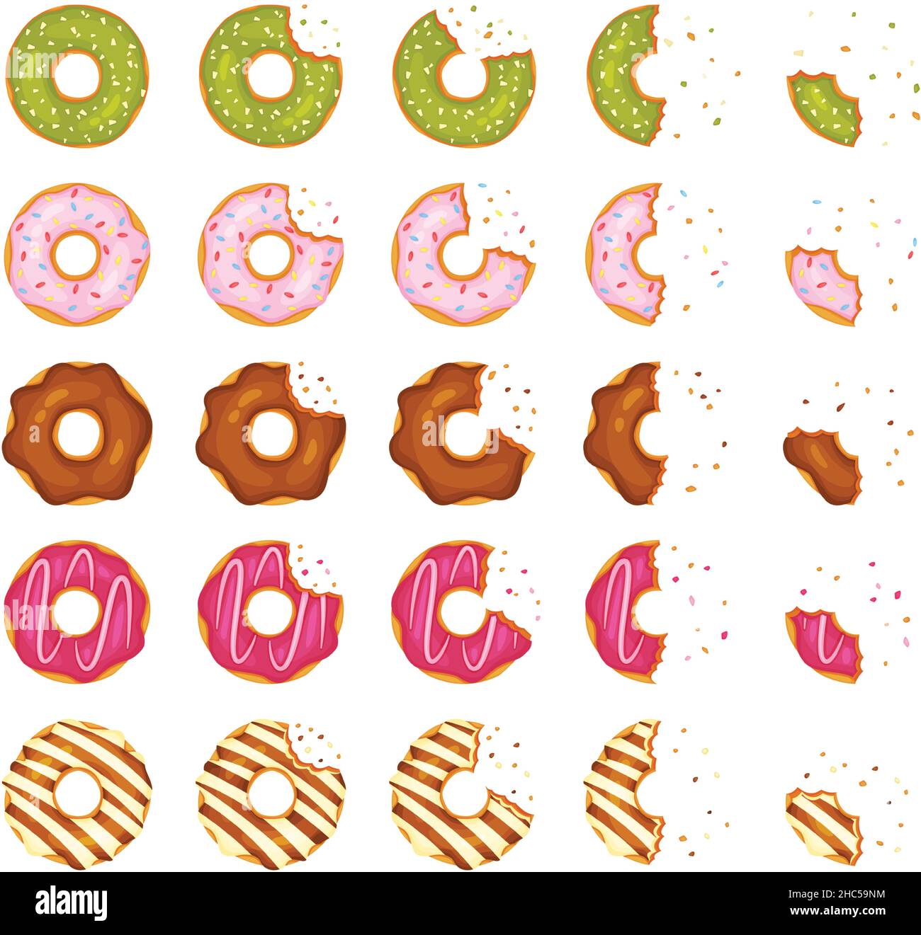 Bitten and half eaten donuts, doughnut pieces with crumbs. Cartoon ...