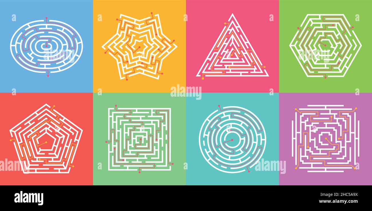 Labyrinth game, finding way puzzle mazes, round maze. Simple labyrinths in various shapes, logic ...