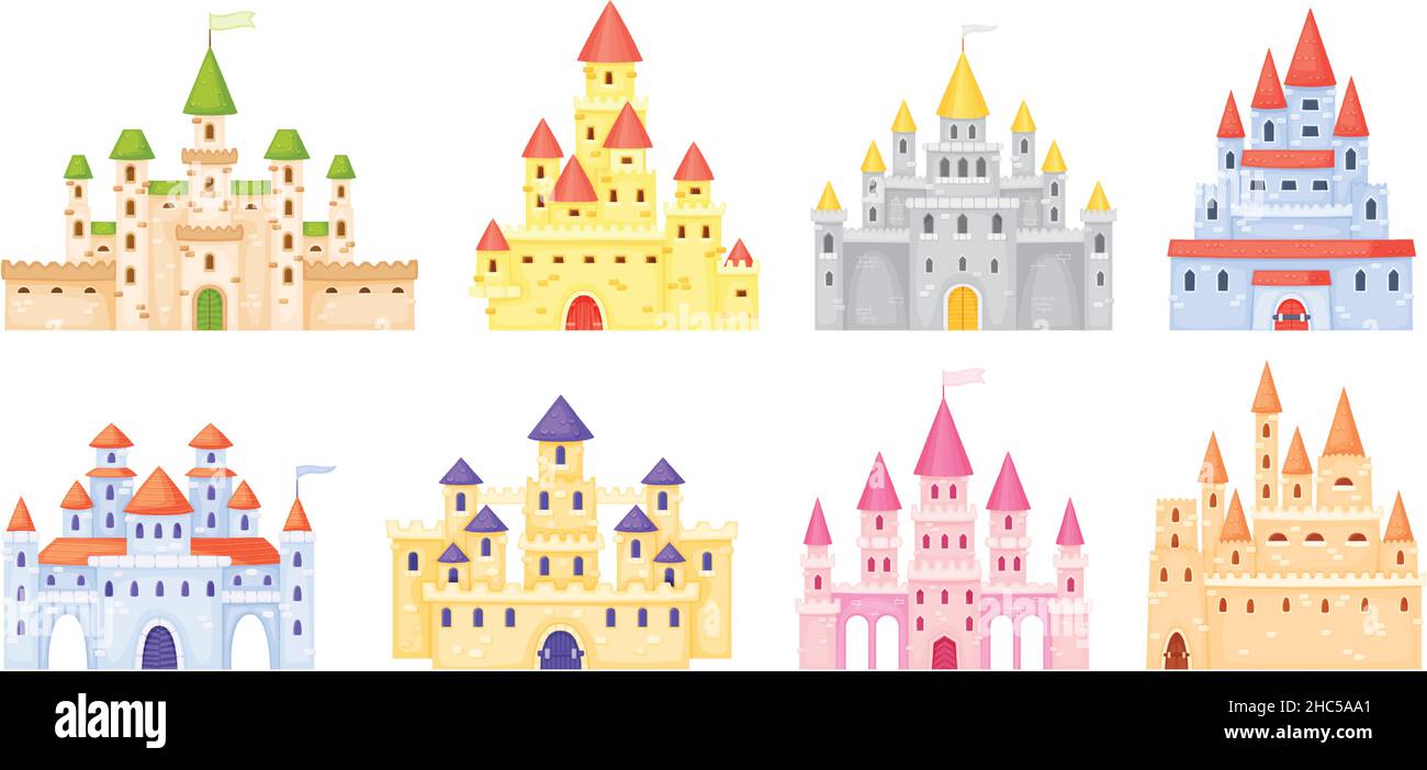 Cartoon medieval castles, fairytale princess castle towers. Fantasy kingdom magic palace, king ...