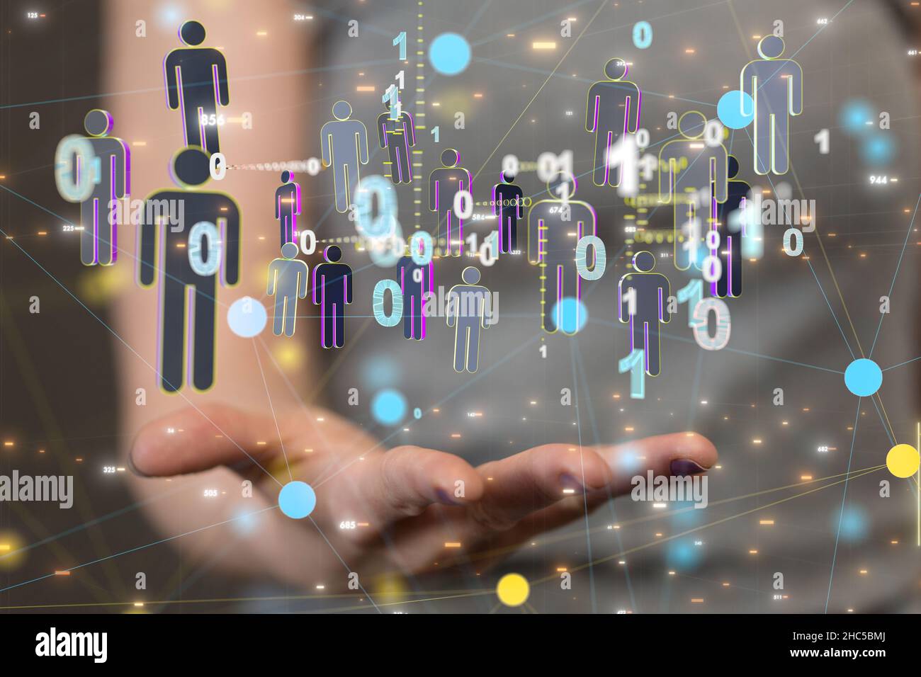 3D rendering of digital human icons and binary number with hand ...