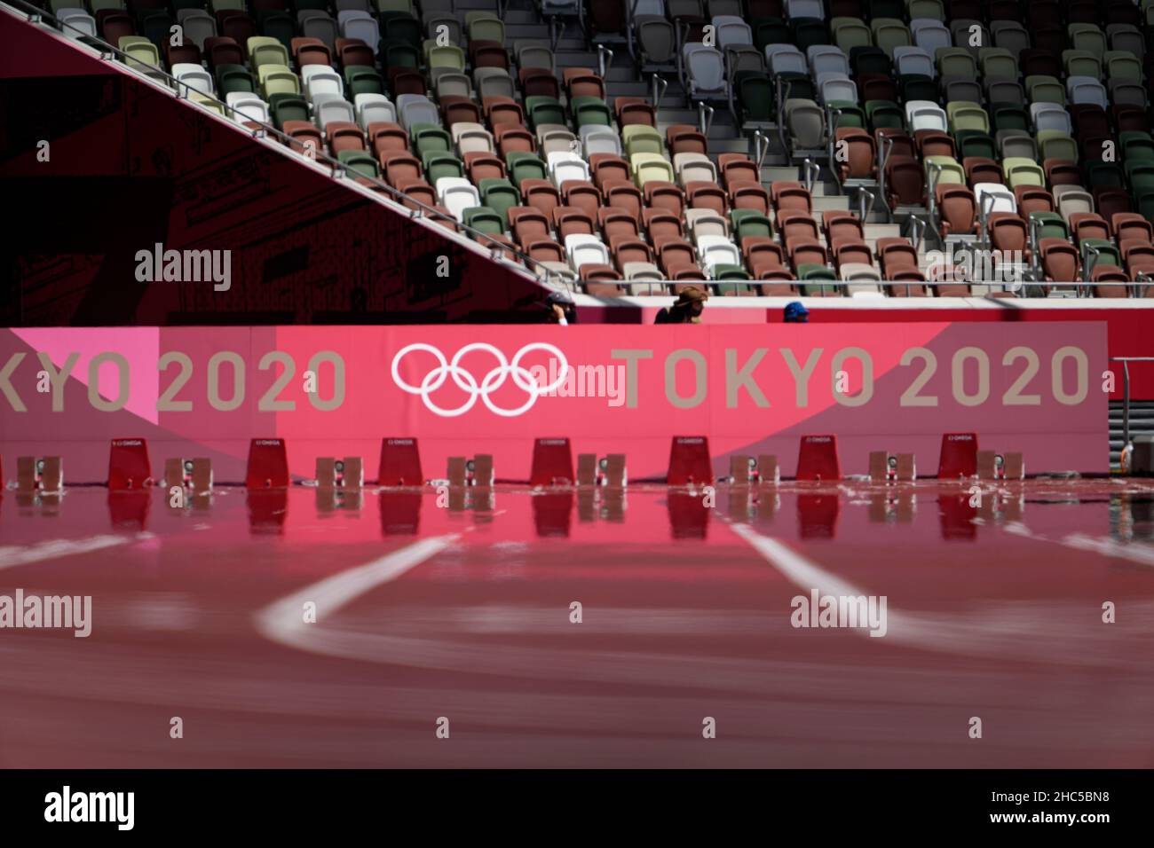 Starting line on the running track of the Tokyo 2020 Olympic Games ...