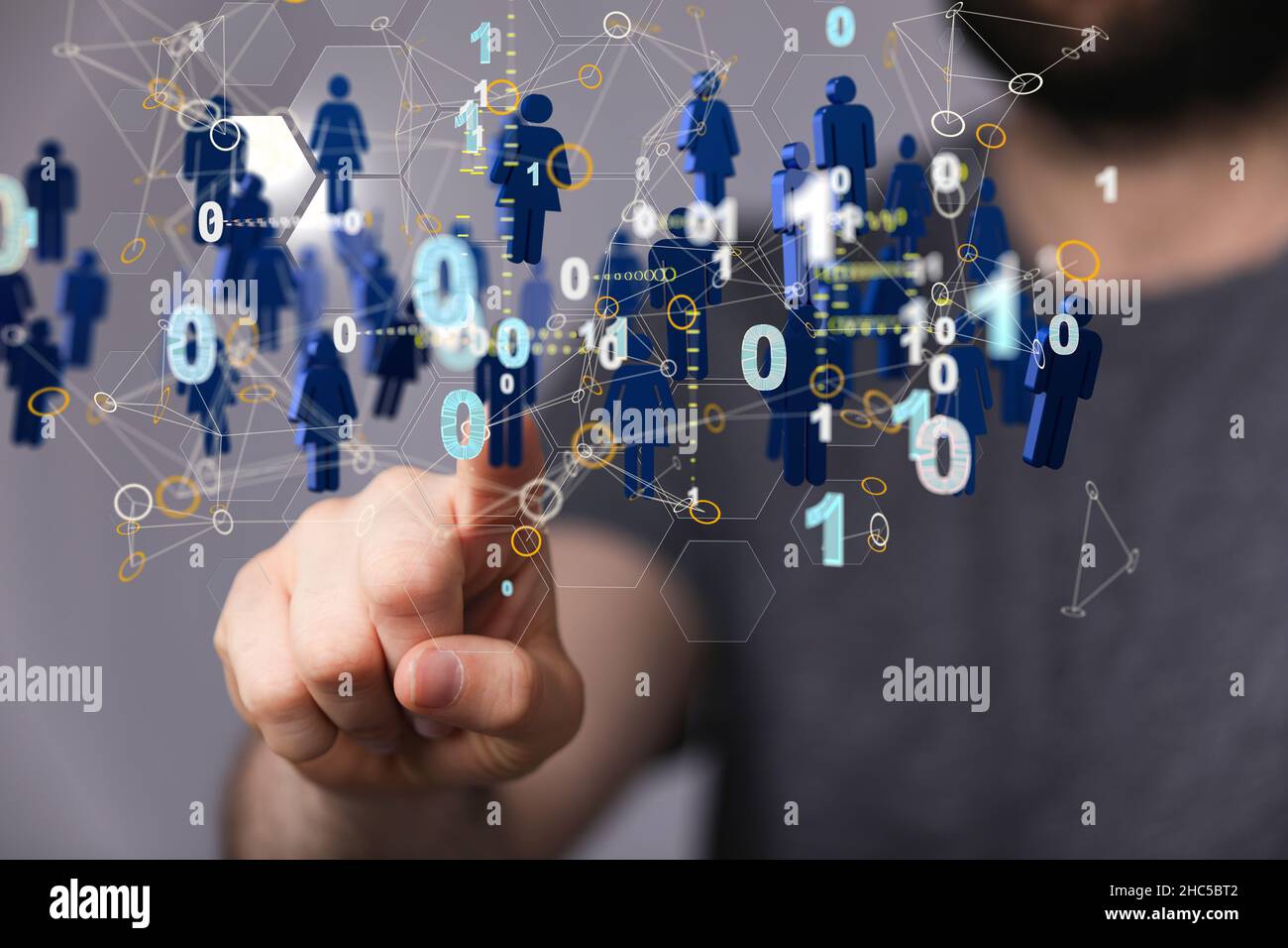 3D rendering of digital human icons with hand pointing at it from the ...