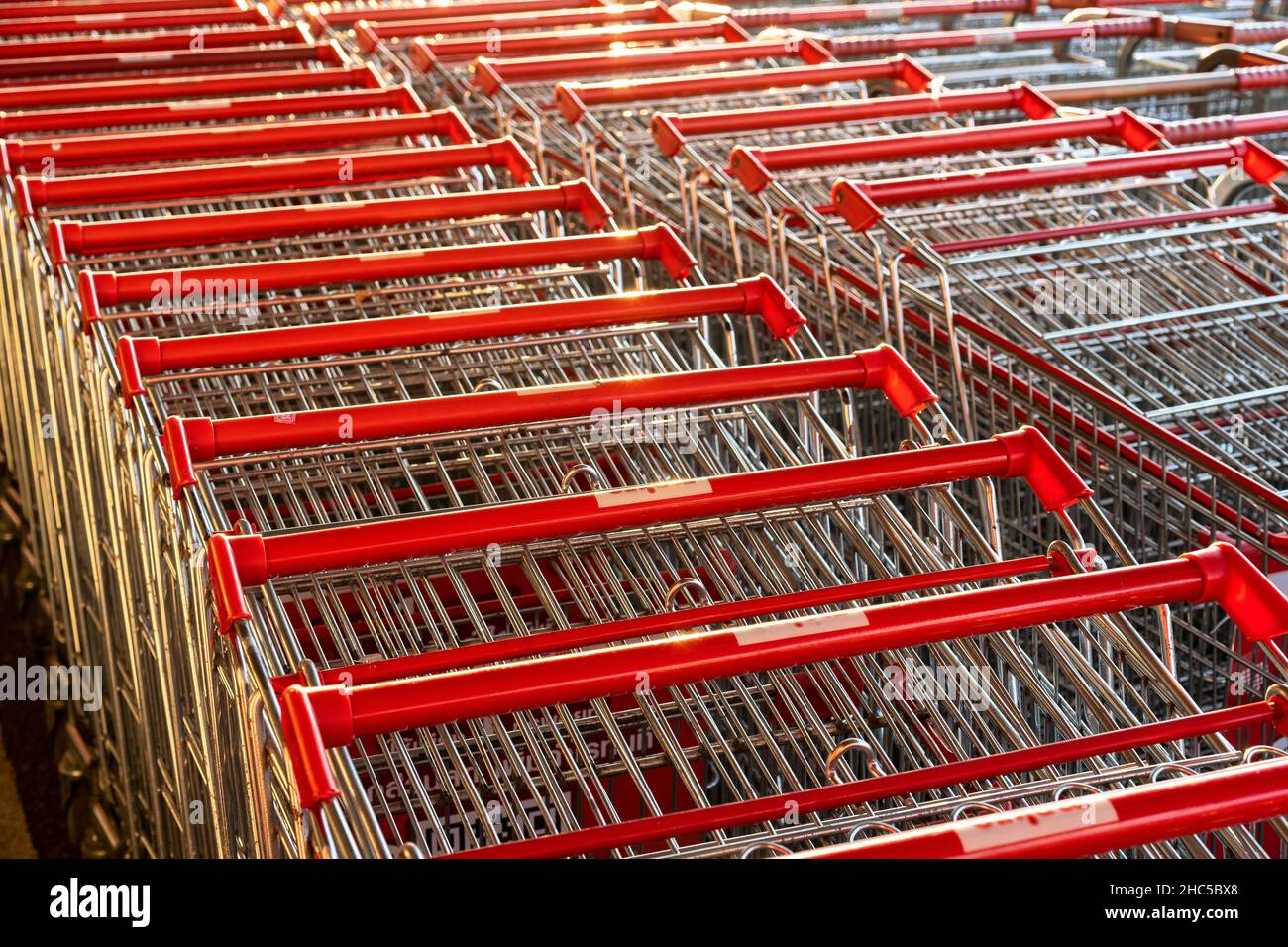 Rows with lots of shopping carts in a large supermarket Stock Photo - Alamy