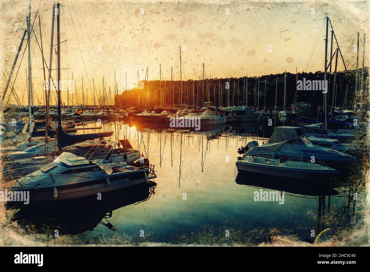 Sea bay with yachts at summer sunset. Old photo effect Stock Photo - Alamy