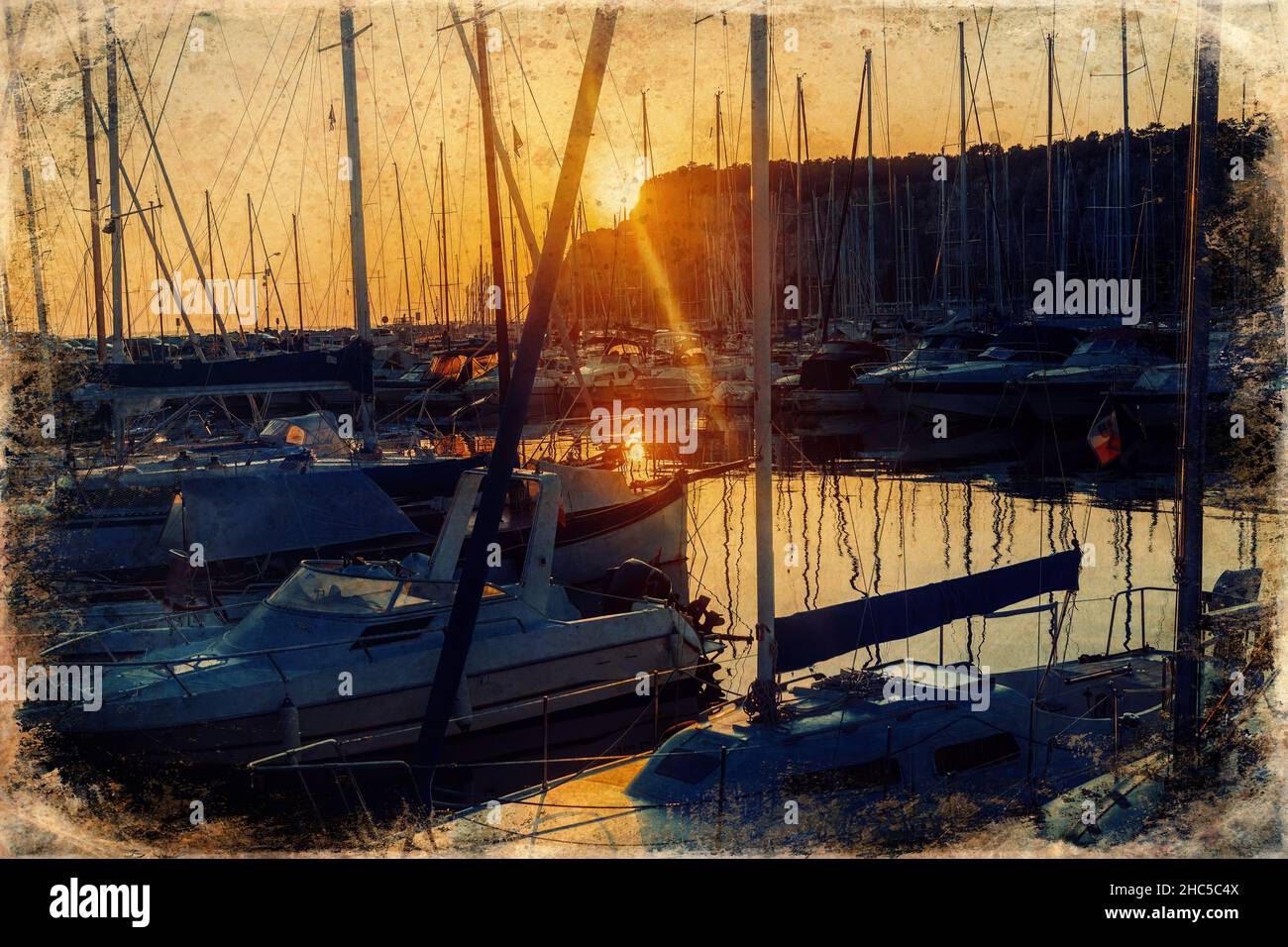 Sea bay with yachts at summer sunset. Old photo effect Stock Photo - Alamy
