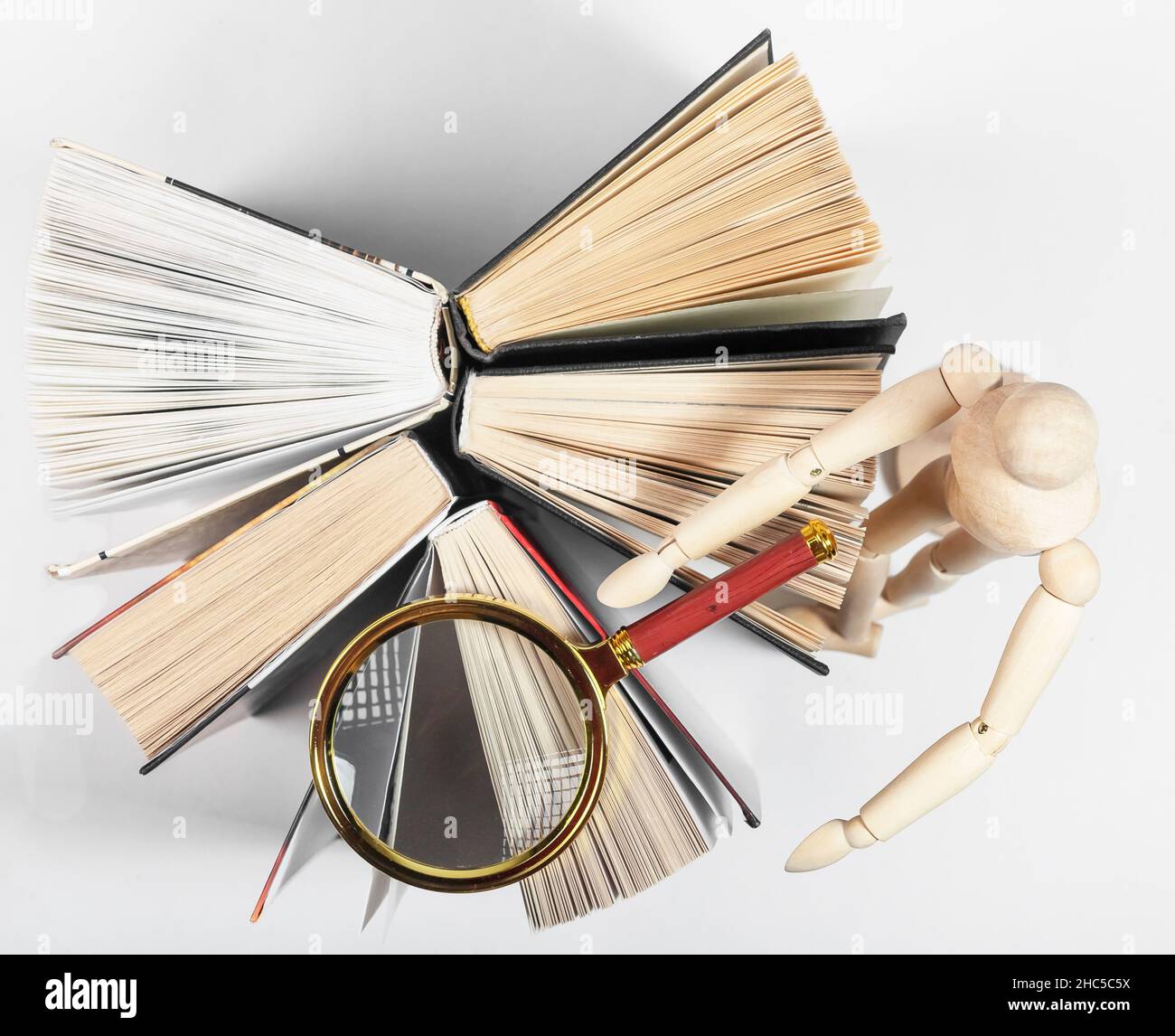 Magnifier, wood person reading and studying books. Concept of knowledge ...