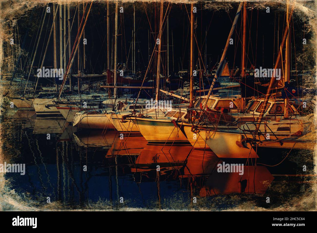 Sea bay with yachts at summer sunset. Old photo effect Stock Photo - Alamy