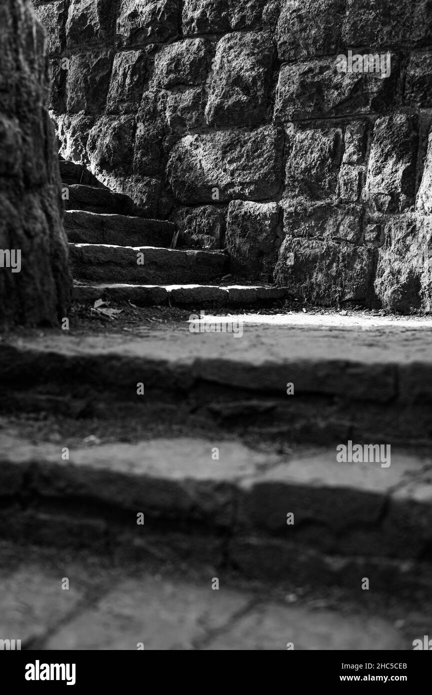 Grayscale of old stone stairs Stock Photo - Alamy