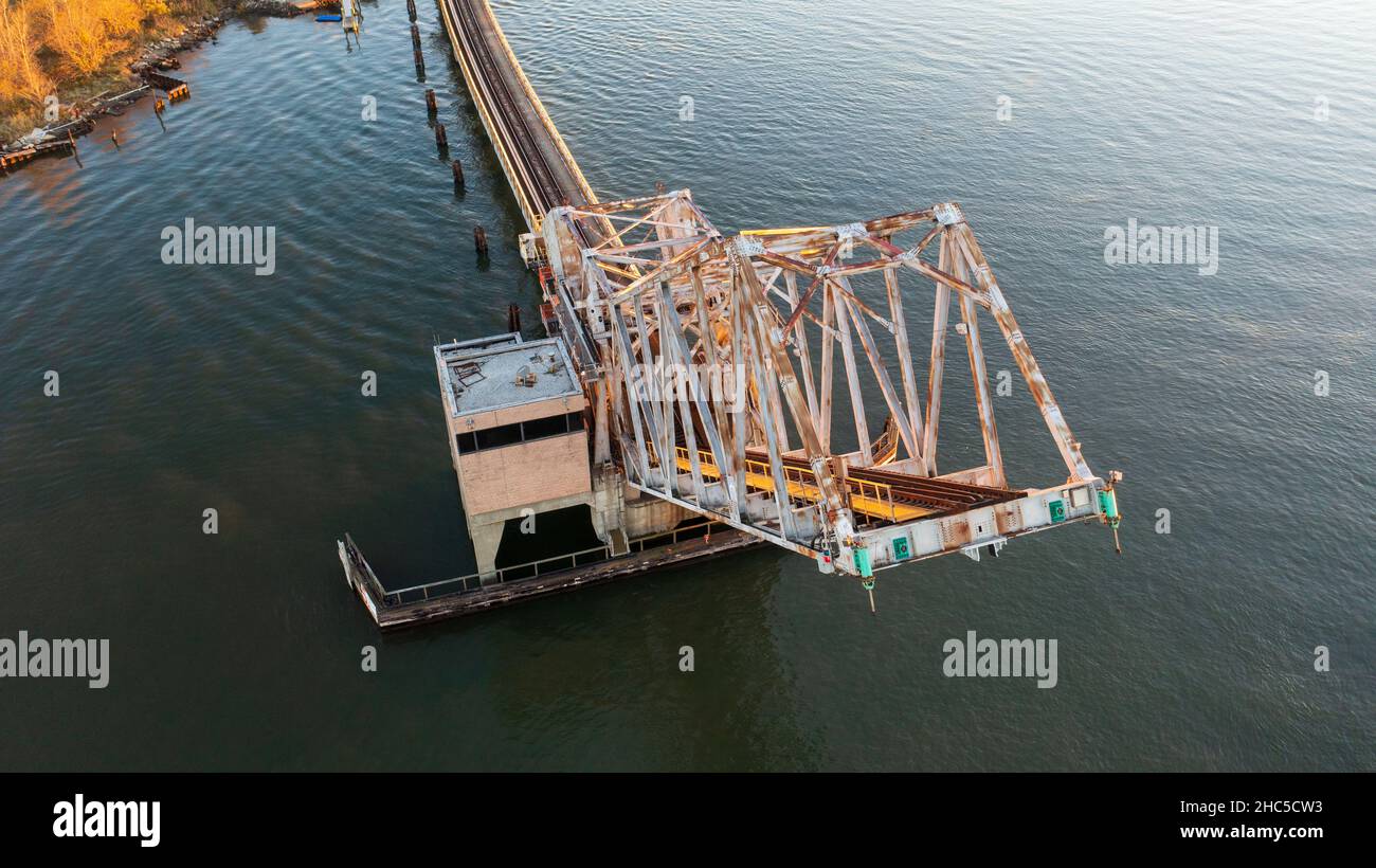 Aerial shot of the train drawbridge on Wreck Lead channel in Island ...