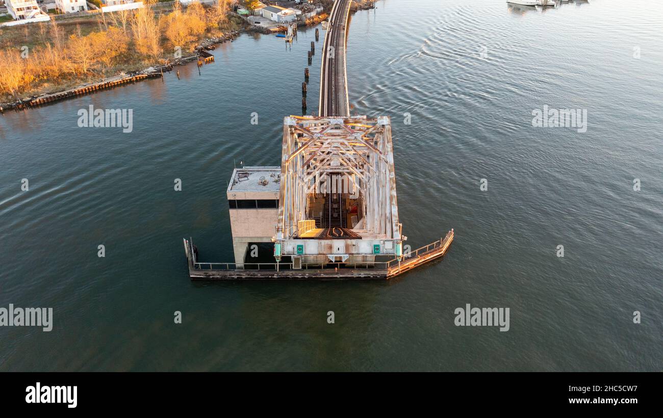Aerial shot of the train drawbridge on Wreck Lead channel in Island ...