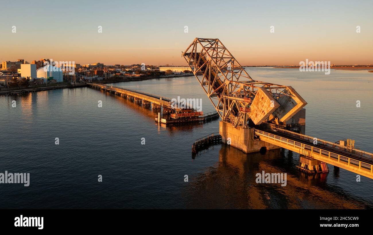Aerial shot of the train drawbridge on Wreck Lead channel in Island ...