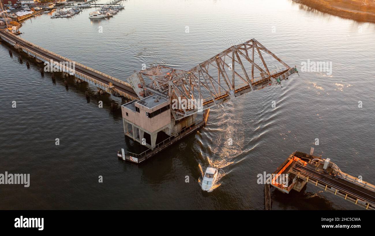 Aerial shot of the train drawbridge on Wreck Lead channel in Island ...
