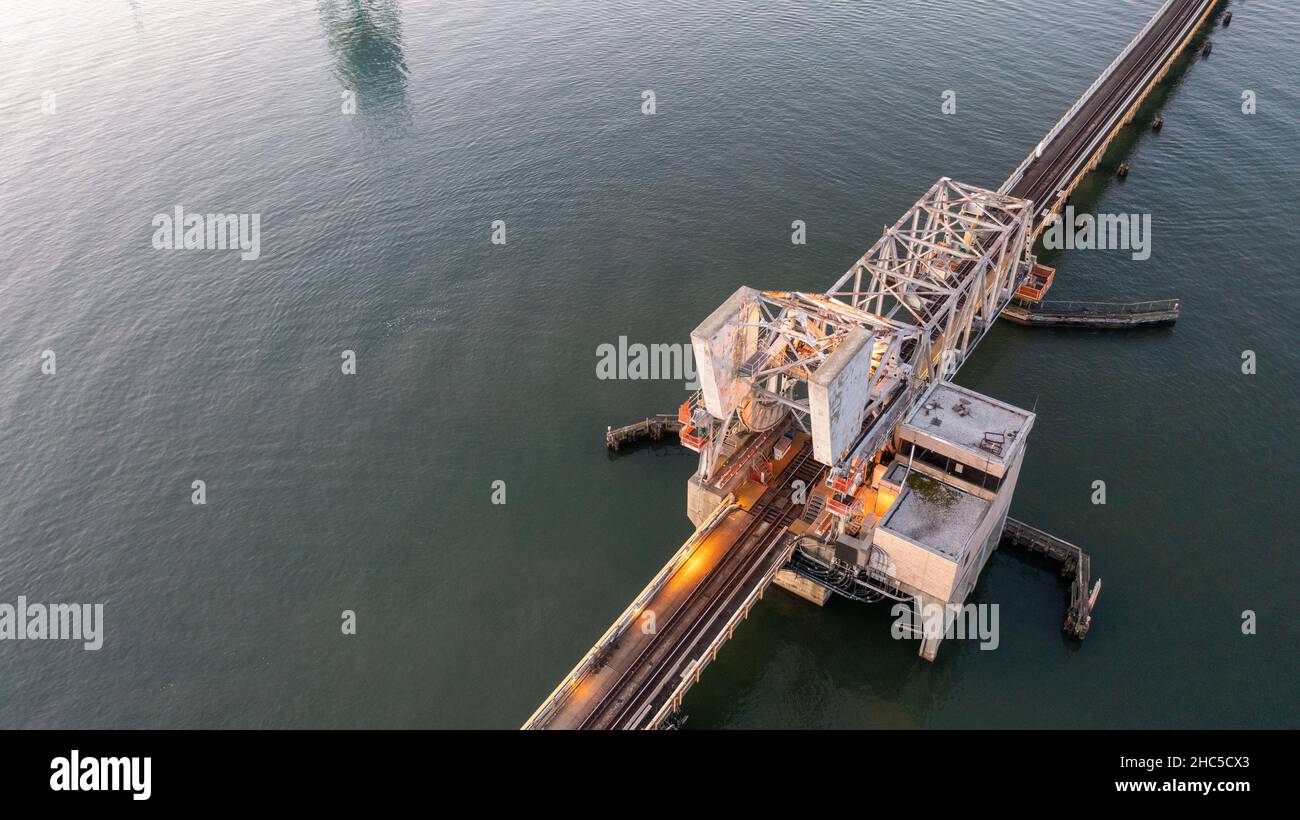 Aerial shot of the train drawbridge on Wreck Lead channel in Island ...