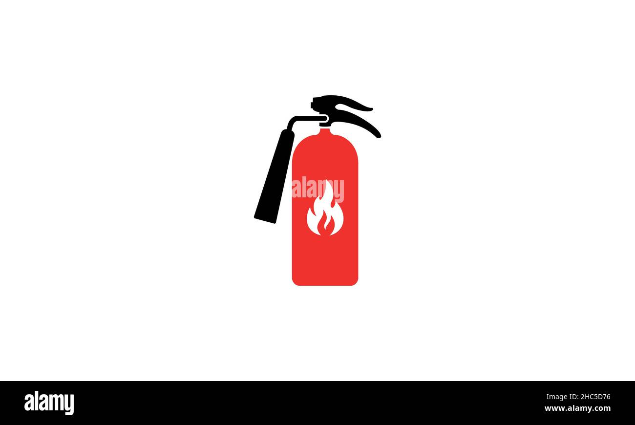 Red Fire extinguisher. Firefighters tools for flame fighting attention ...