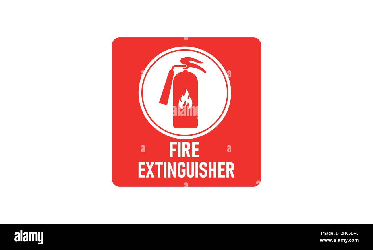 Red Fire extinguisher. Firefighters tools for flame fighting attention ...