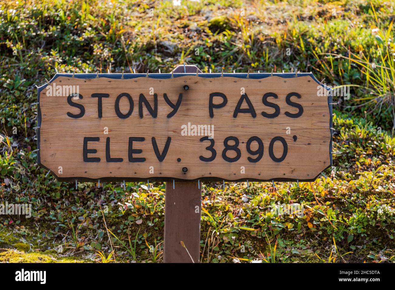 Stony Pass road sign in Denali National Park, Alaska The nails prevent wildlife from destroying ...