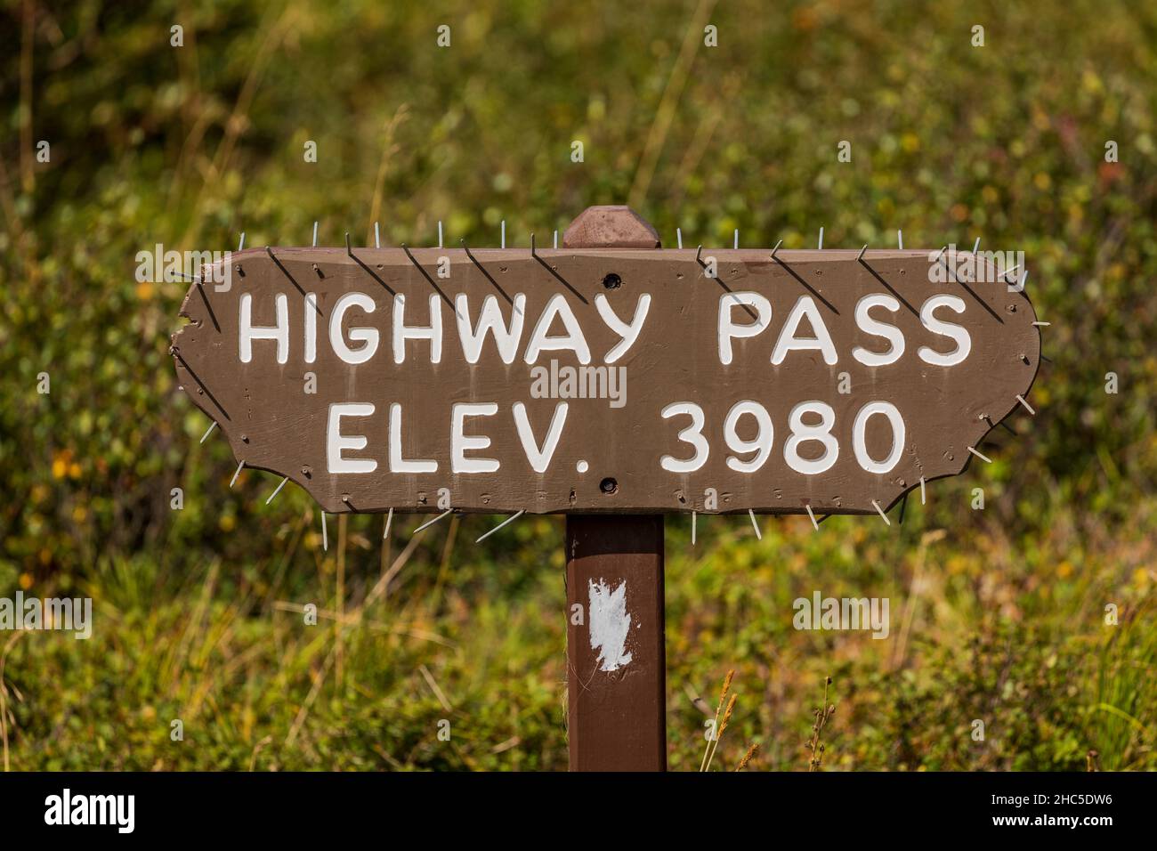 Highway Pass road sign in Denali National Park, Alaska. The nails ...