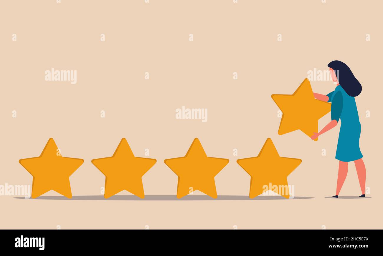 Upgrade rating and 5 stars feedback. Woman carries a gold star to ...