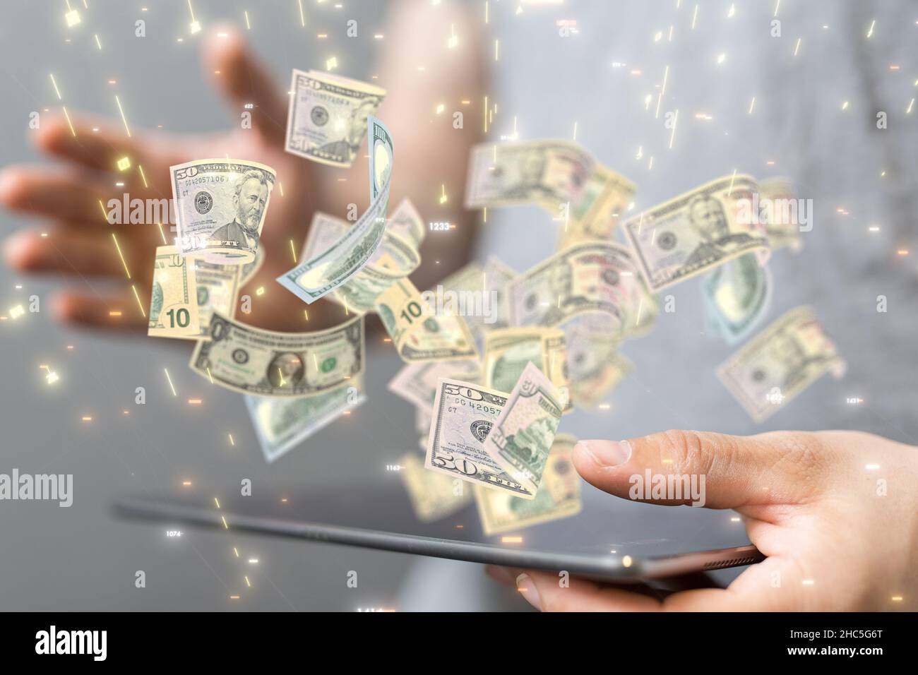 3D render of falling banknotes with a human from the background Stock ...