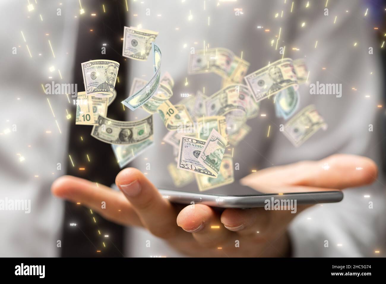 3D render of falling banknotes with a human from the background Stock ...