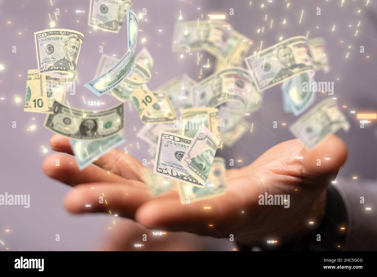 3D render of falling banknotes with a human from the background Stock ...