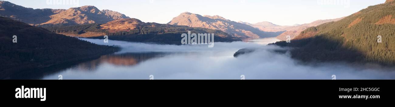 Loch Lomond aerial view at Autumn during sunrise near Tarbet Stock ...