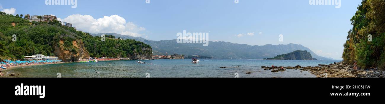 Panoramic view of Budva bay with Mogren beach towards Old Town and ...