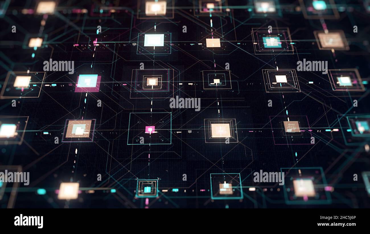 Data processing in circuit board abstract server. Data moves in the form of moving lines and ...