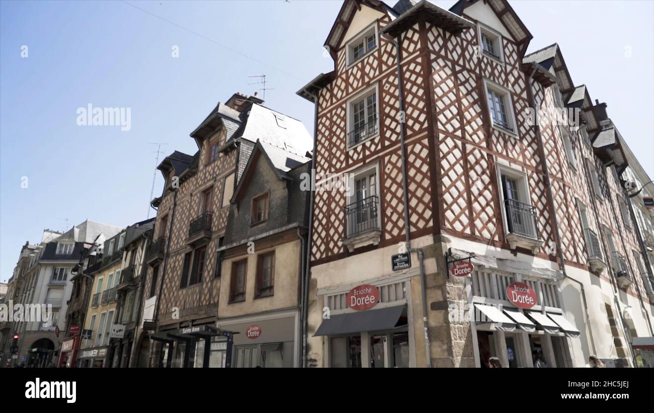 Facades of houses in old city in Europe, bottom view. Beautiful street ...
