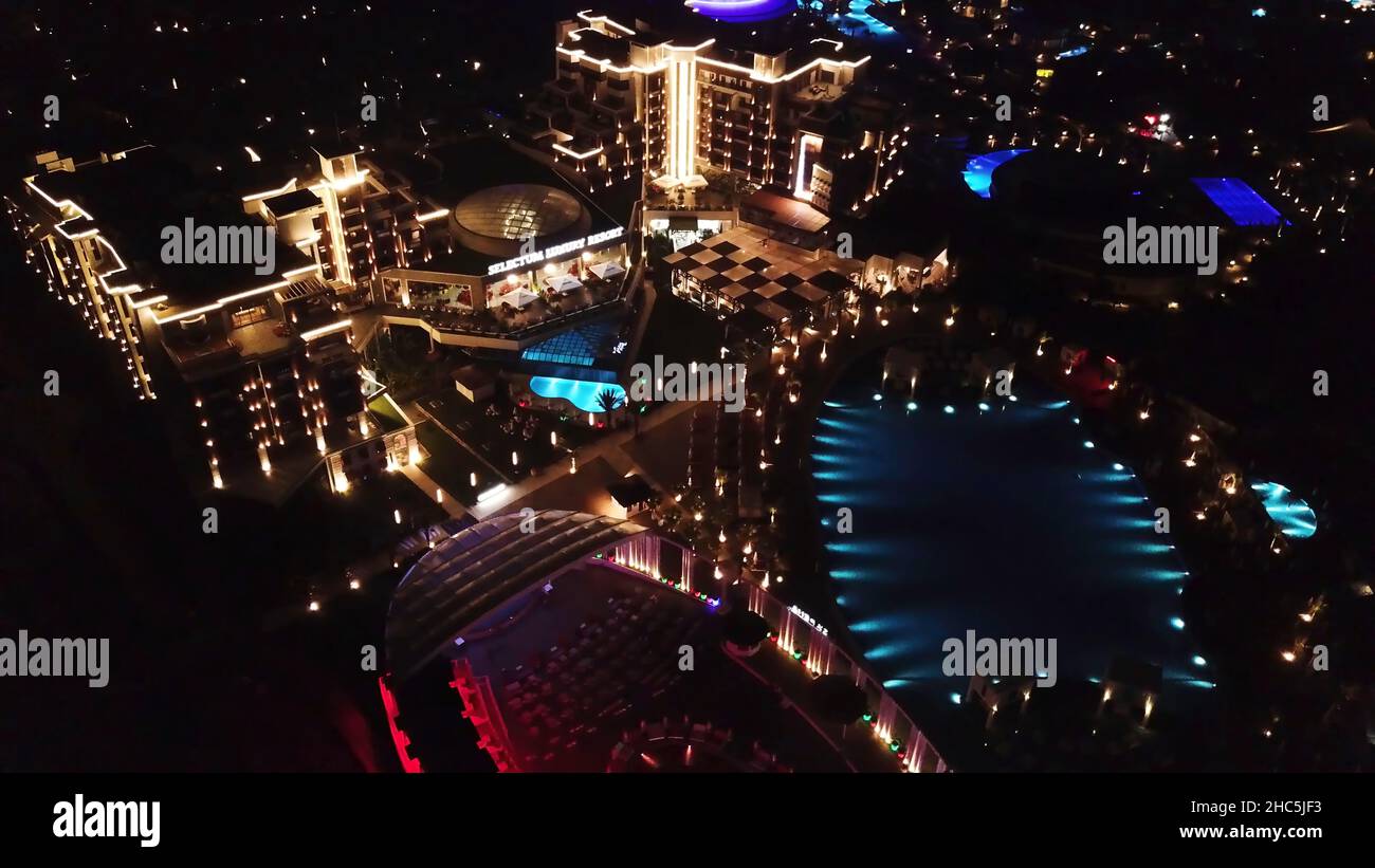 Aerial view on luxury resort hotel territory at night. Video. Night ...