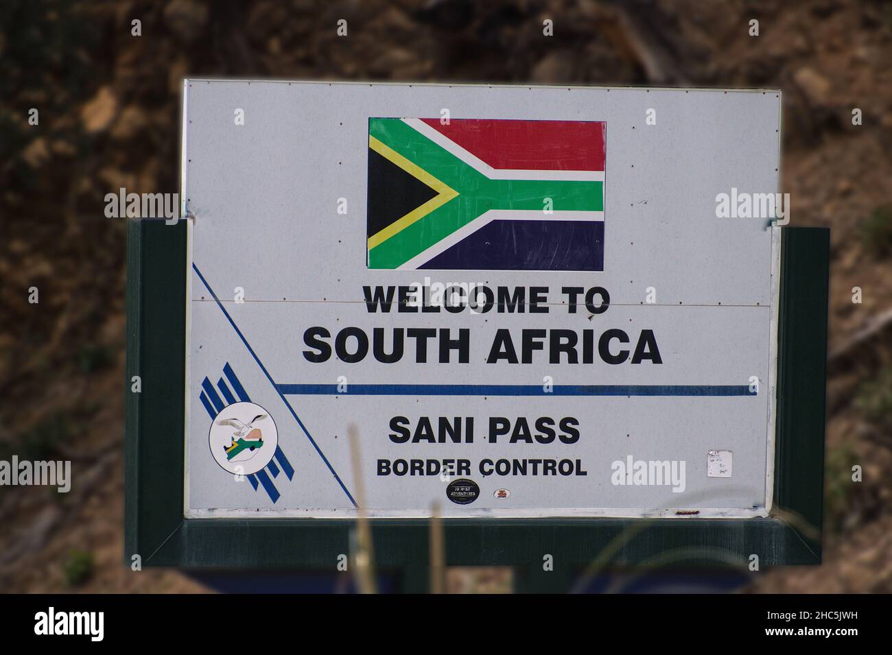 Closeup of a metal welcome sign to South Africa at the Lesotho border ...