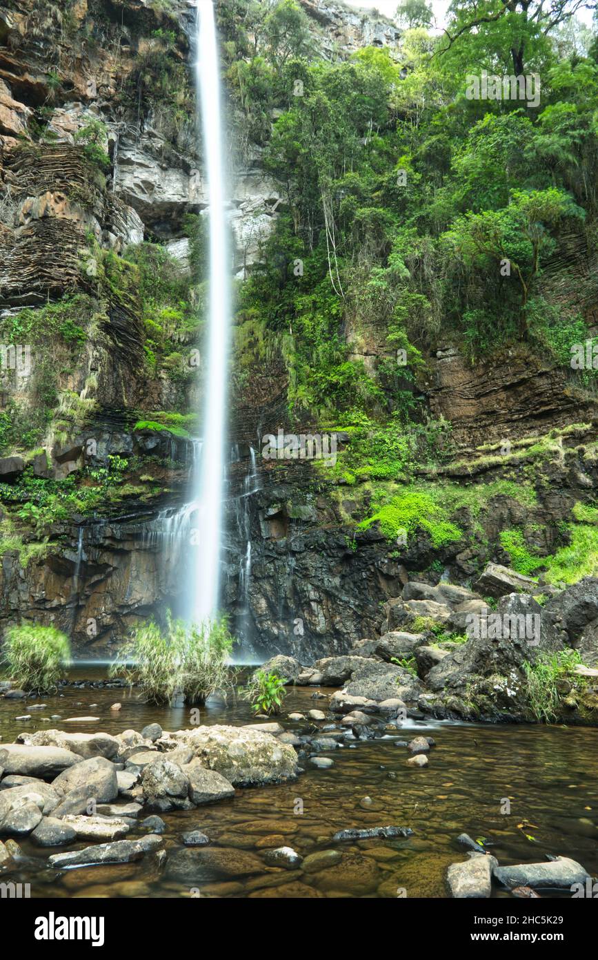 Beautiful vertical view of a long waterfall at the Sabie river in South ...