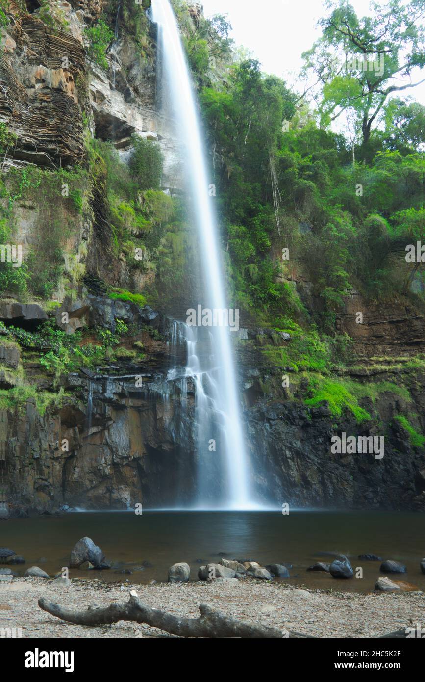 Beautiful vertical view of a long waterfall at the Sabie river in South ...
