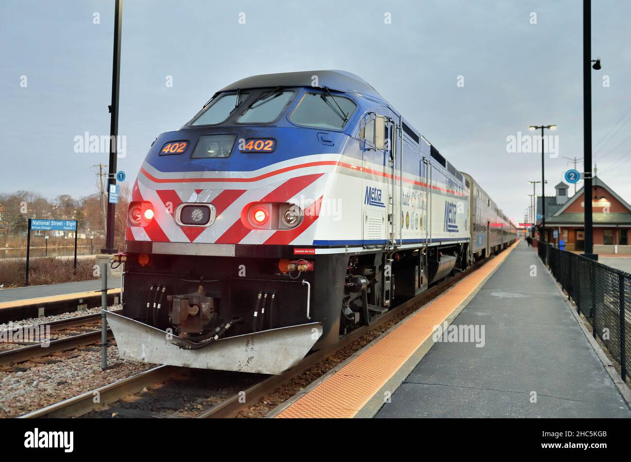 Elgin, Illinois, USA. A Metra commuter train departing the National ...