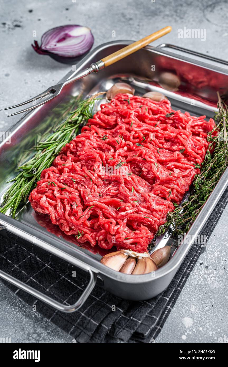 Fresh Raw Ground, Mince, minced beef and lamb meat. Gray background ...