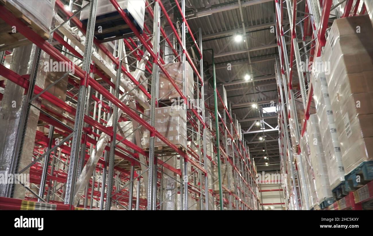 Forklift in the large modern warehouse. warehouse interior with shelves ...