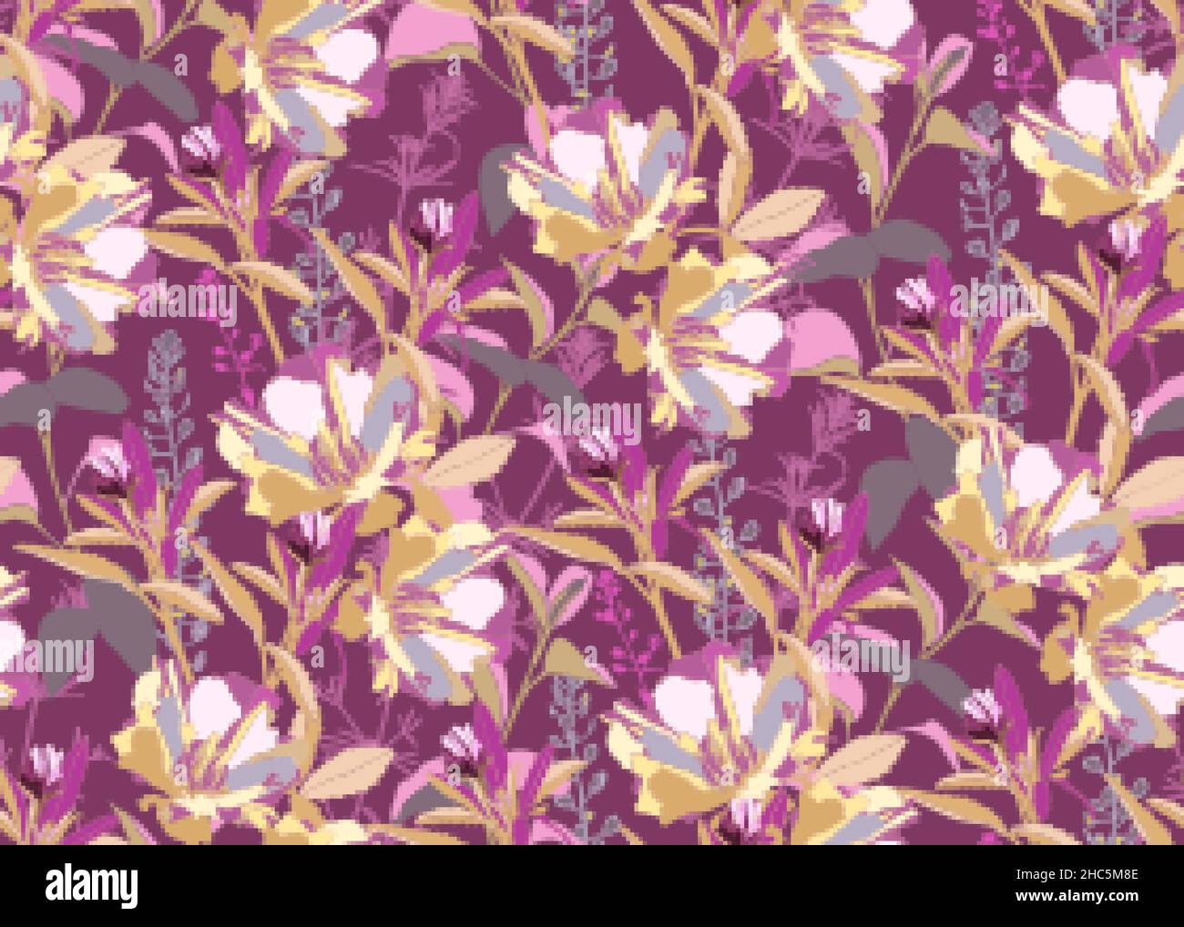 Vector floral seamless pattern. Pink, grey, white, light yellow, purple ...