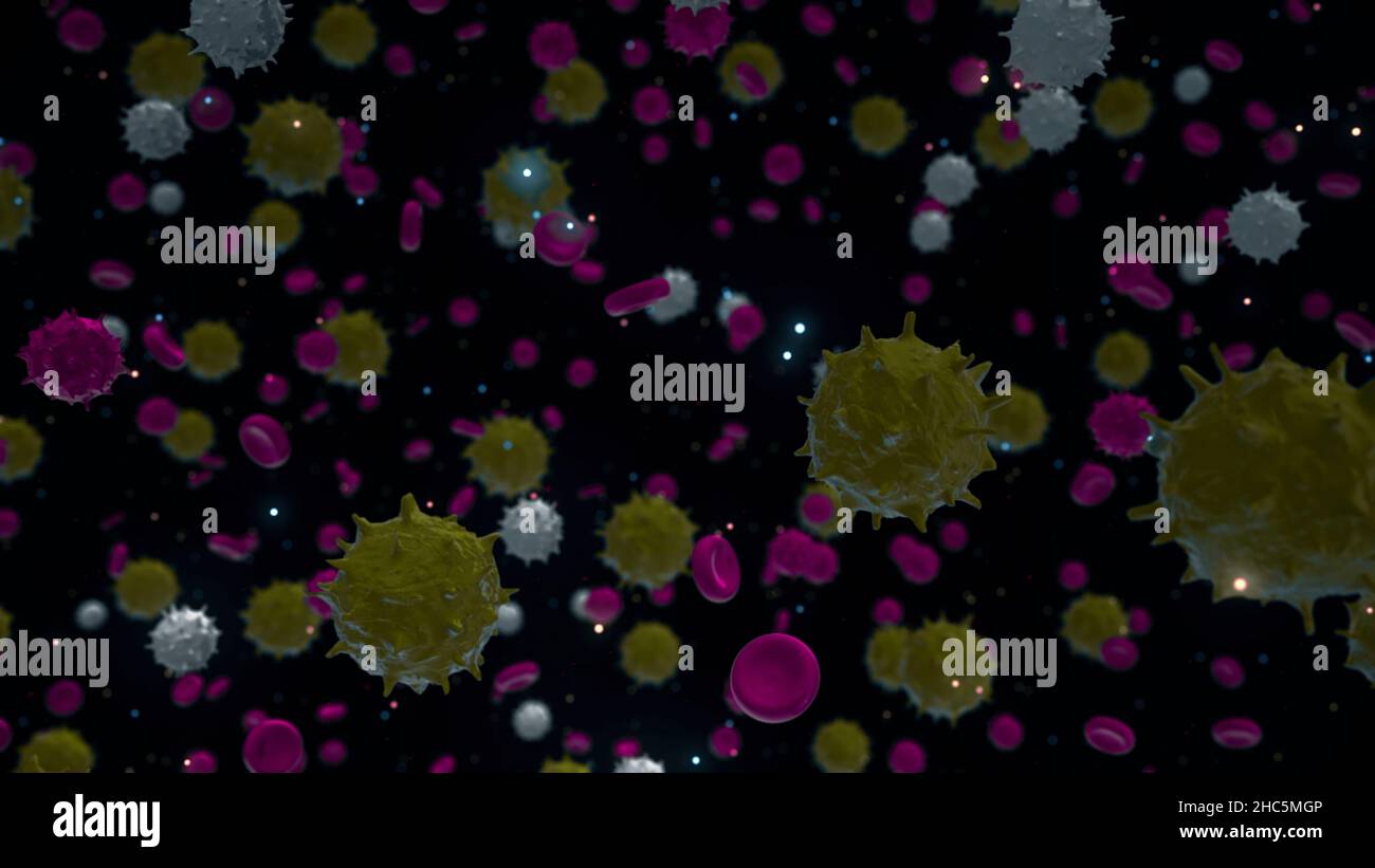 3D virus cells in human organism. Abstract bacteria and red blood cells ...