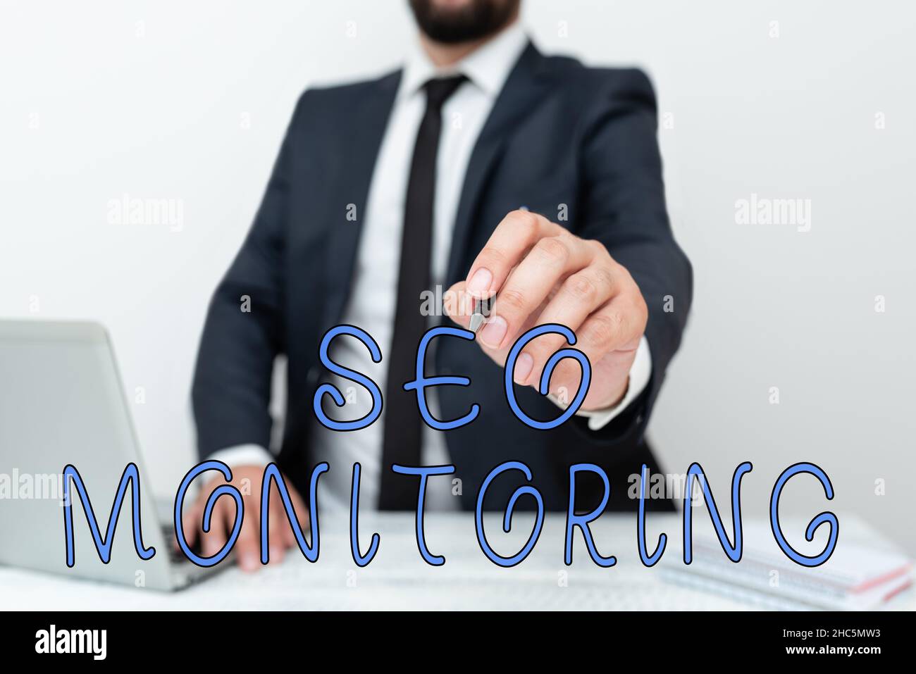 Hand writing sign Seo Monitoring. Concept meaning Tracking the progress ...