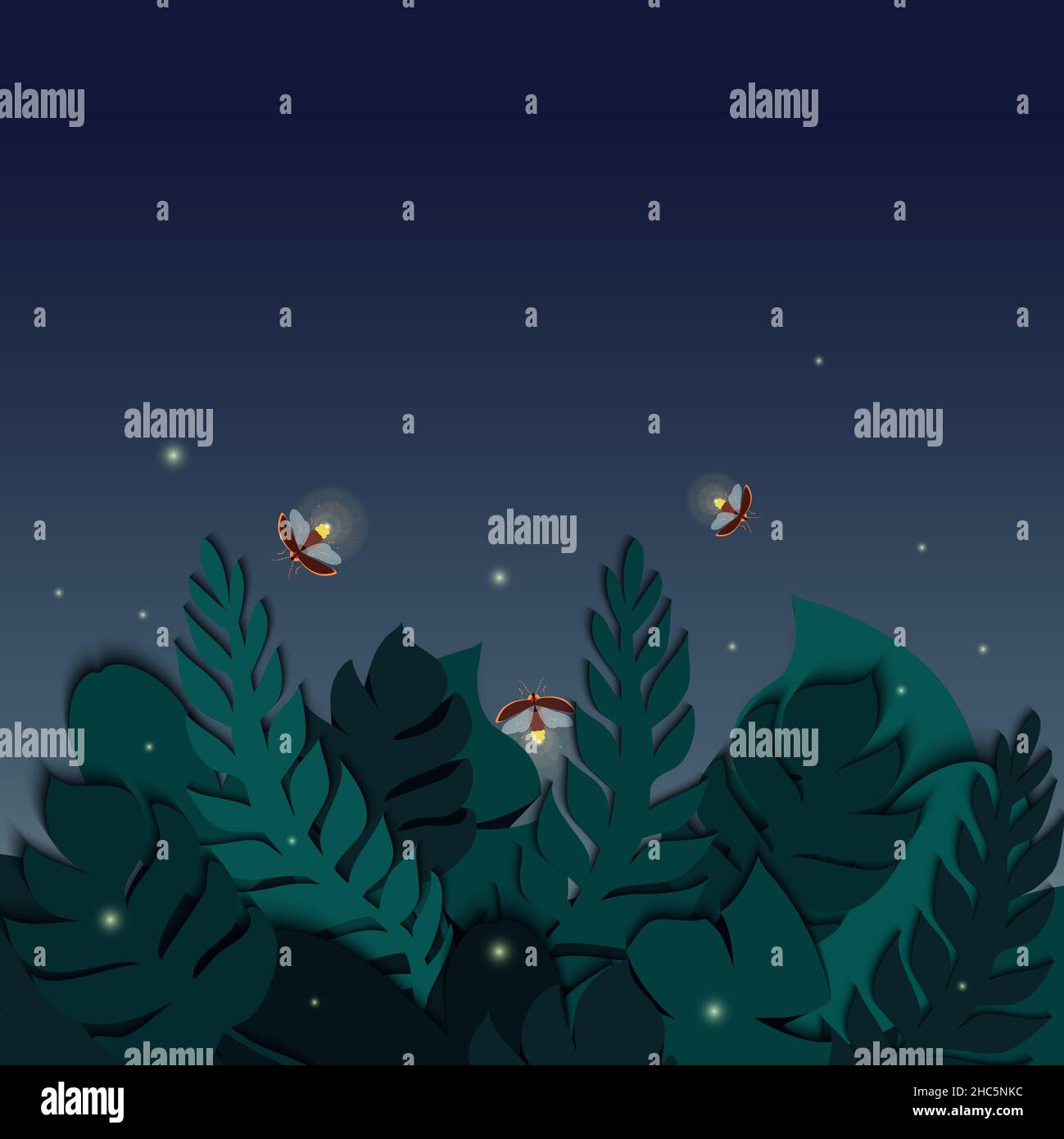 Fireflies flying in palm leaves, illustration Stock Photo - Alamy