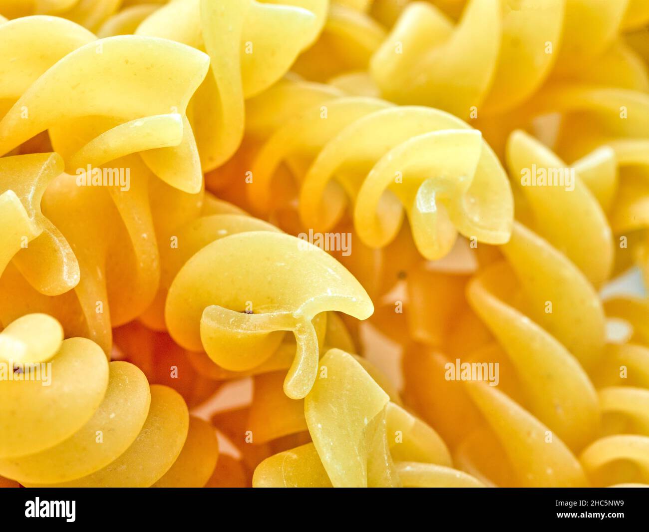 Macro food ingredient of Fusilli, fuˈzilli, pasta, against a plain bac ...